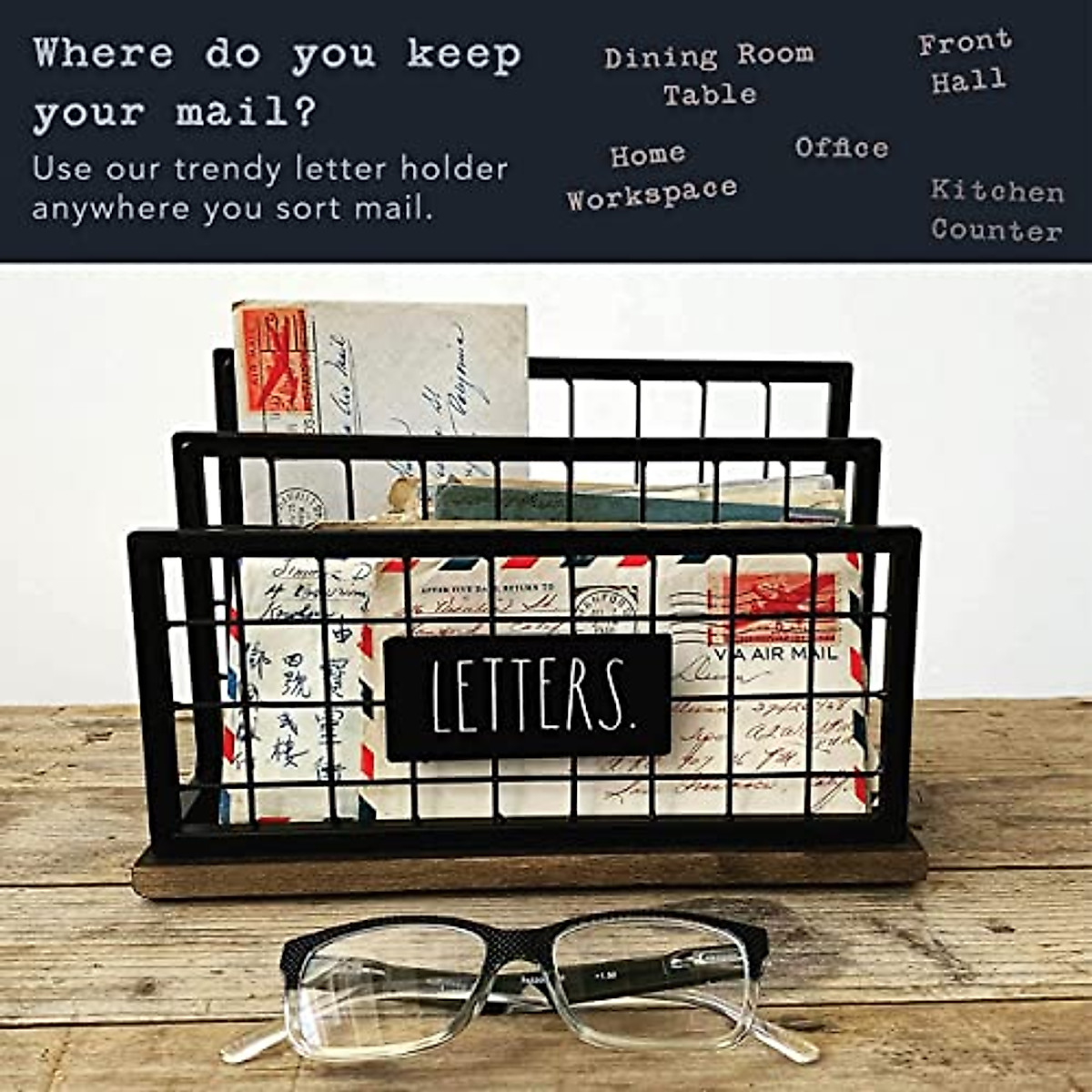 Rae Dunn Desktop Letter Holder – 2 Compartment Mail and Stationary Table Top Organizer – Chic and Stylish Galvanized Steel and Solid Wood - “Letters” Print - for Home and Office