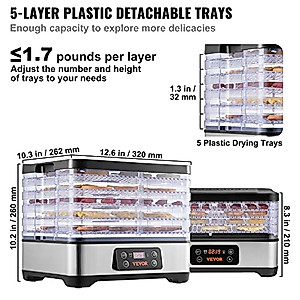 VEVOR Food Dehydrator Machine, 5-Tray Fruit Dehydrator, 300W Electric Food Dryer w/Digital Adjustable Timer & Temperature for Jerky, Herb, Meat, Beef, Fruit, Dog Treats and Vegetables, ETL Listed