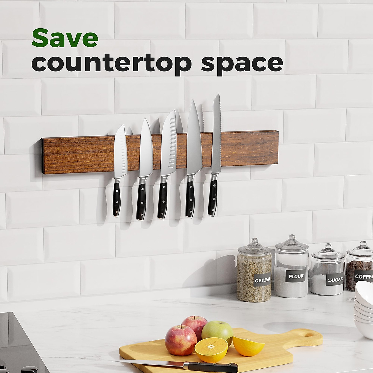 Utoplike Teak Magnetic Knife Strip, Magnet Knife Holder 15" Wall Mounted with Strong Continuous Magnet, No Drilling Required, Organizes Knives, Keys, Utensils for Kitchen