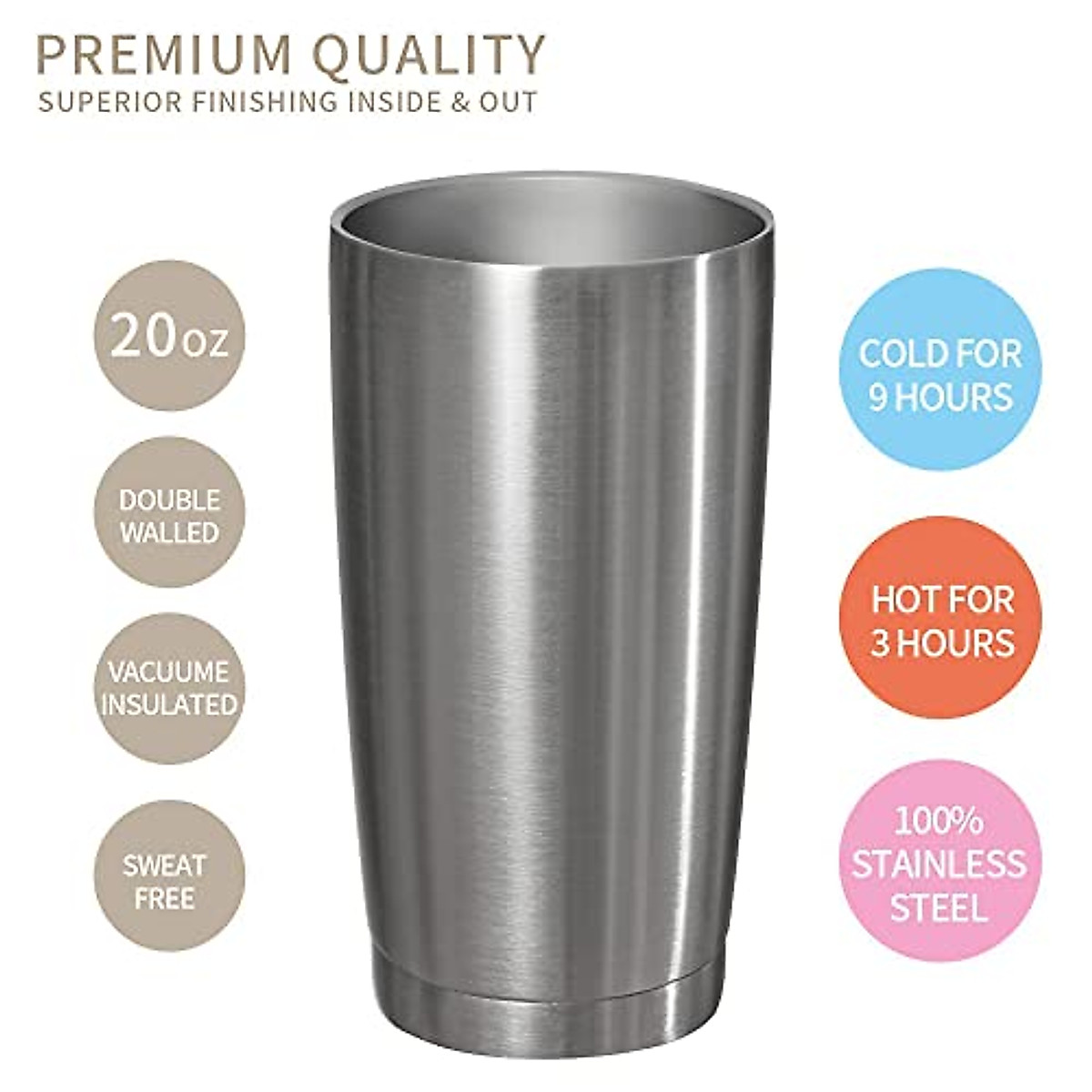 MUCHENGHY 20oz Stainless Steel Tumbler with Lid and Straw, Double Wall Vacuum Insulated Travel Coffee Mug, Stainless steel surface Metal Tumblers for Cold & Hot Drinks(Silver, 6 Pack)