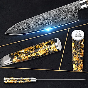 SharpLyfe Japanese Damascus Steel Chef Knife - Gold Foil & Carbon Fiber Handle - Razor Sharp Blade - Kitchen Knife with Secure Finger Guard - Chef Knife for Professional Grade - Size 7.79 Inch