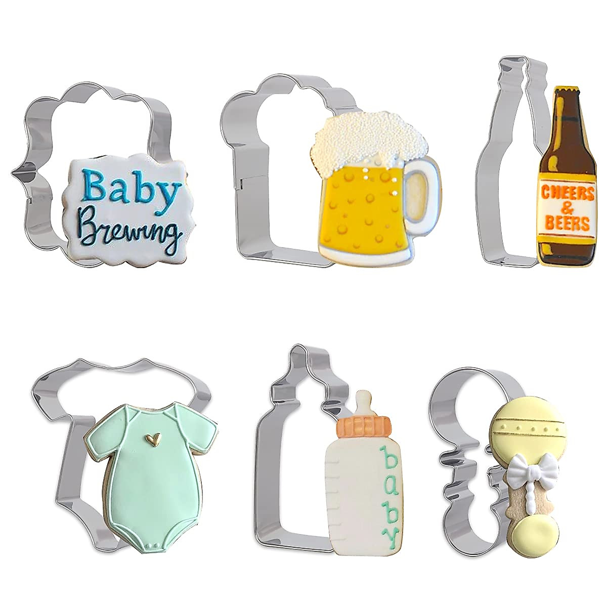 Beer Themed Cookie Cutters Stainless Steel, Baby Brewing Beer Set Beer Mug Bottle Onesie Rattle Baby Bottle Photo Plaques Dough Fondant Biscuit Molds for Baby Shower