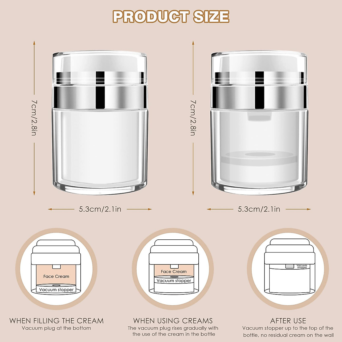 Airless Pump Jar, 2 Pieces Moisturizer Pump Dispenser, Refillable Cosmetic Jars Airless Pump Bottles, Leak-proof Empty Travel Size Cream Jar Vacuum Lotion Bottle Container (2 Pack)