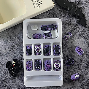 GGDECA Halloween Square Fake Nails Short Press on Nails Purple Glue on Nails Bat Ghost Love Eyeball Halloween Designs False Nails Acrylic Glossy Nails for Women Halloween Halloween Manicure Art 24Pcs