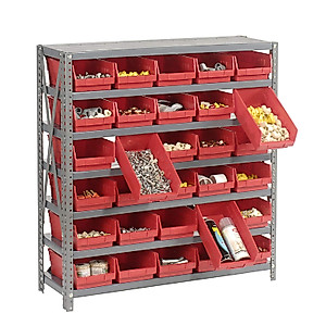 Global Industrial 7 Shelf Steel Shelving with (30) 4" H Plastic Shelf Bins, Red, 36x12x39