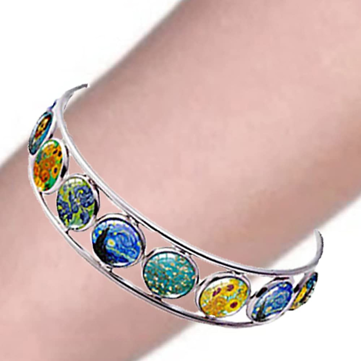 Van Gogh Cuff Bracelet Art Pattern Under Glass Dome Jewelry Handmade
