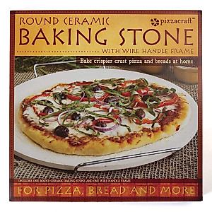 Pizzacraft Round Ceramic Pizza Stone with Wire Frame, 15“Diameter