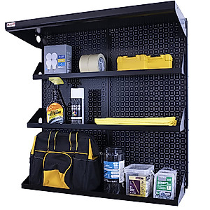 Metal Pegboard Shelving Organization System OmniWall Shelving Kit 32" x 32" Modular Pegboard- Panel Color: Black Accessory Color: Red
