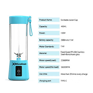 Blendest Portable Blender, USB Travel Juice Cup Personal Travel Blender Baby Food Mixing Machine with Updated 6 Blades with Powerful Motor Speed 18,000 rpm Rechargeable Battery,13.5 OZ (400ml) (Blue)