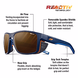 Julbo Shield Muntain Sunglasses, Blue/Blue/Orange Frame, REACTIV 2-4 Brown Polarized Lens