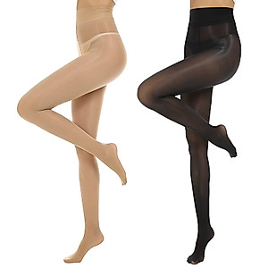 MANZI 2 Pairs Women's Shiny Sheer Tights High Waist Silk Comfort Stockings Oil Shimmery Nylons Pantyhose Black and Natural L-XL