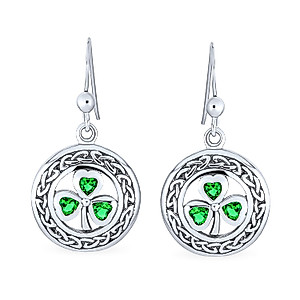 Irish Triquetra Celtic Knot Disc Circle Good Luck Shamrock Clover Dangle Earrings Simulated Kelly Green Emerald CZ Oxidized .925 Sterling Silver