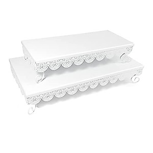 Dulcet Delights Metal Rectangle Eyelet Cake Stands with Lattice Borders – Cake stands for Birthdays, Weddings, Parties and Events - 14 ½"L x 6 ½”W x 3 ¼”H and 17 ½"L x 9 ½”W x 3 ¼”H – Set of 2 – White