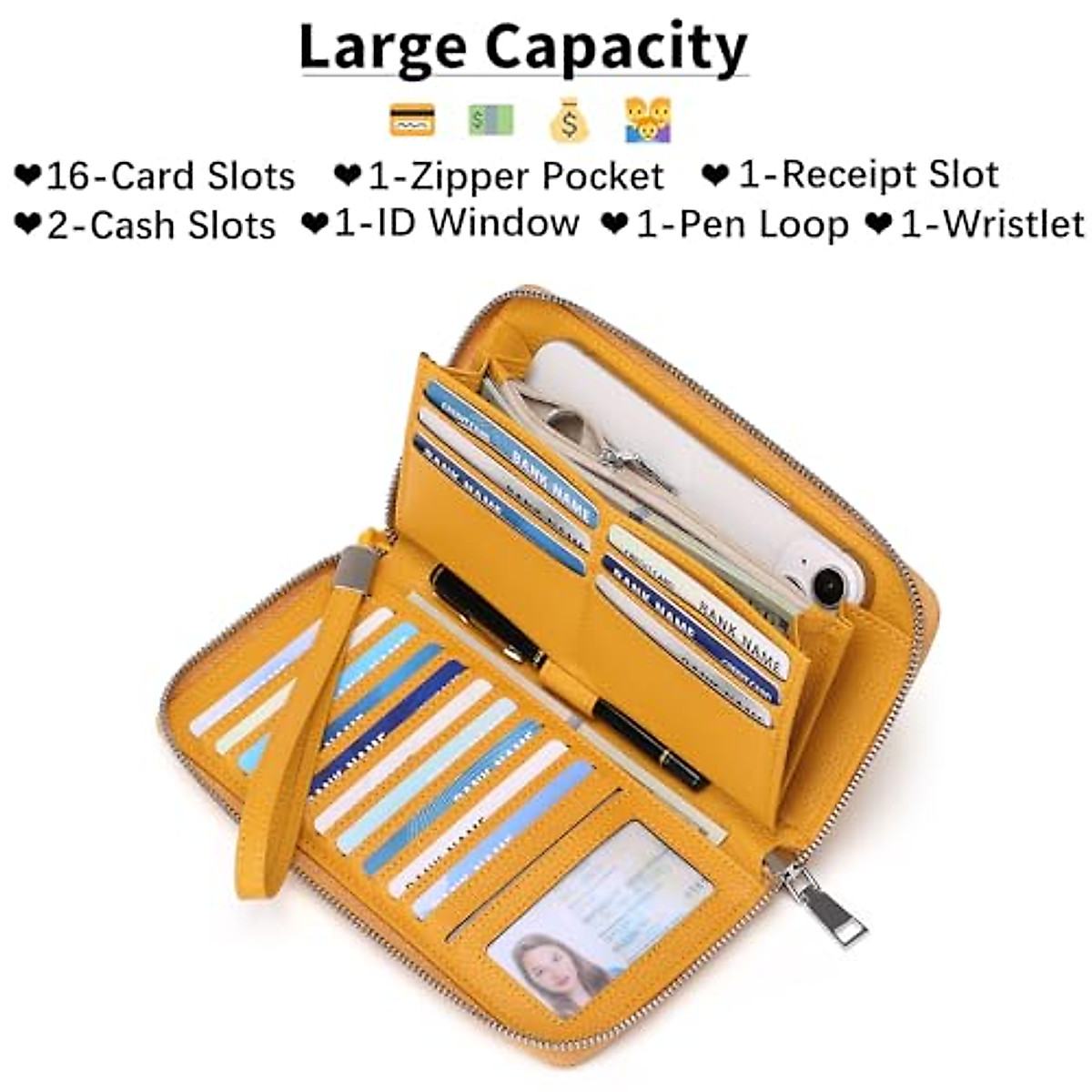 GOIACII Womens Wallet RFID Blocking Leather Zip Around Wallet Large Capacity Long Purse Credit Card Clutch Wristlet