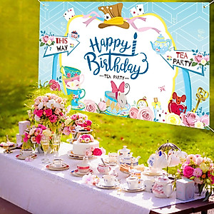 HOWAF Tea Party Birthday Party Banner, Large Fabric Alice Background Banner for Partea Birthday Party Decorations, Tea Kettle, Cupcakes, Butterfly Arts and Crafts for Outdoor Garden