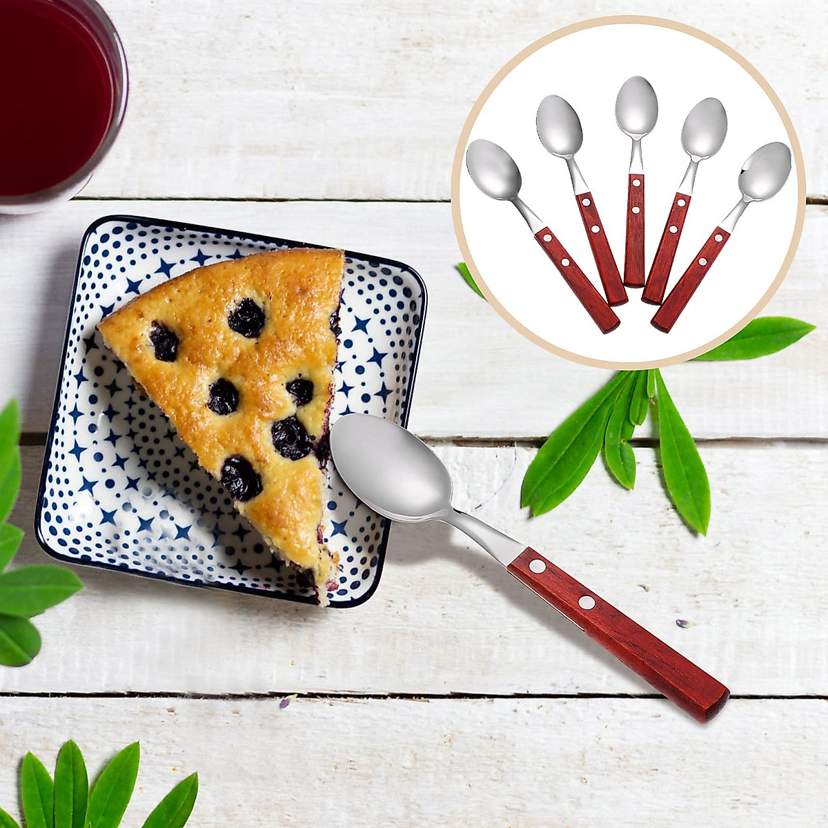 Hemoton 5pcs Stainless Steel Coffee Spoons Wood Handle Tea Spoons Dessert Ice Cream Cake Tasting Spoon Dinner Spoon for Home Kitchen Restaurant