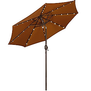 Blissun 9 ft Solar Umbrella 32 LED Lighted Patio Umbrella Table Market Umbrella with Tilt and Crank Outdoor Umbrella for Garden, Deck, Backyard, Pool and Beach, Brown