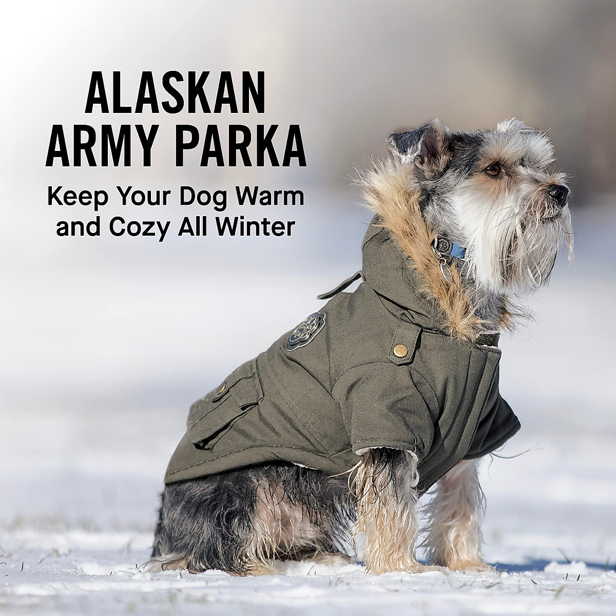 Canada Pooch Winter Dog Coat Water-Resistant Insulated Dog Jacket Faux-Fur Trim Dog Parka Coat for Dogs - Army Green, Size 14