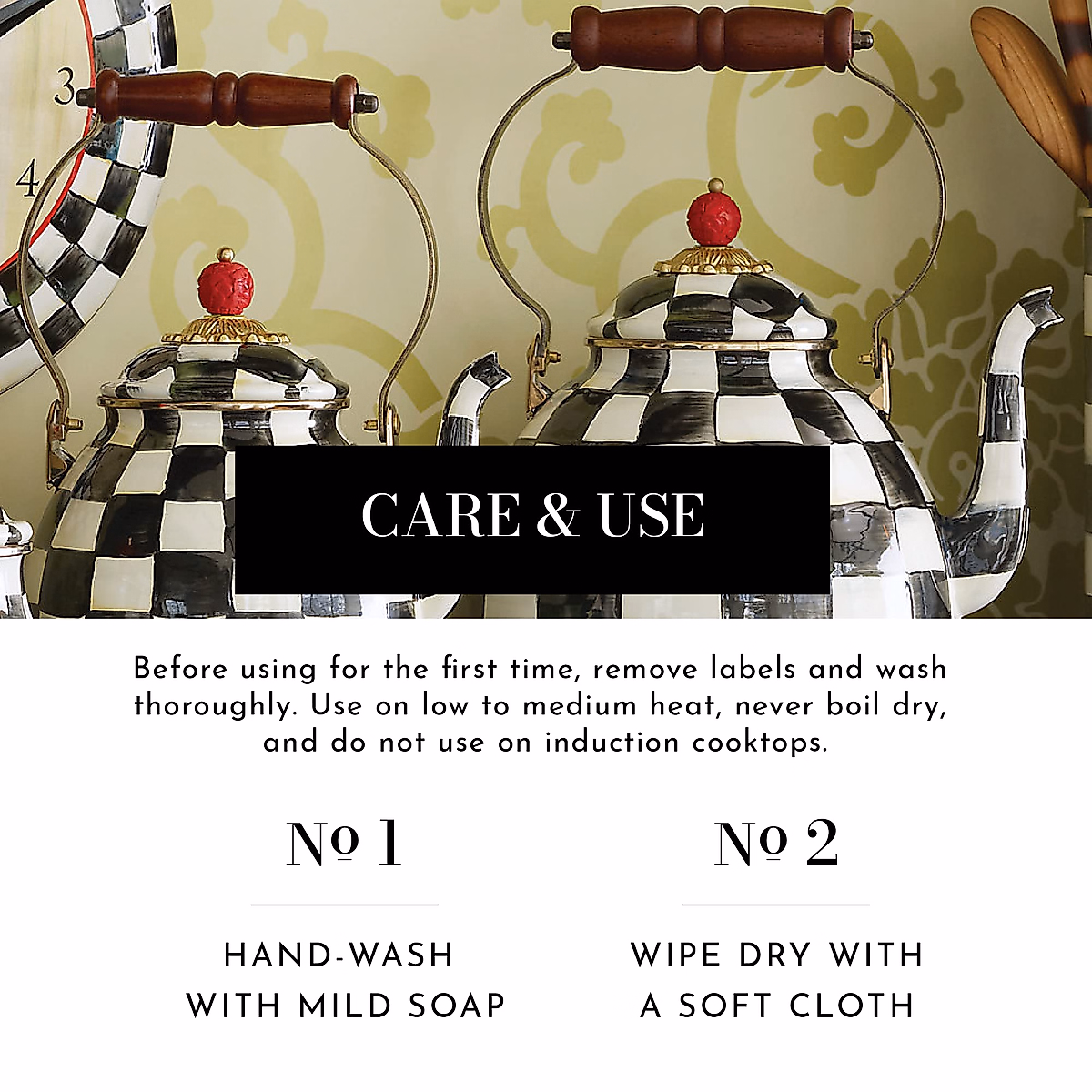 MACKENZIE-CHILDS Courtly Check Enamel Tea Kettle, Decorative Tea Kettle, 3-Quart Capacity