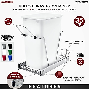 Rev-A-Shelf RV-12KD-17C Single 35 Quart Kitchen Cabinet Pull-Out Trash Can Waste Bin Container with Rear Storage and Chrome-Plated Wire Bottom Mount