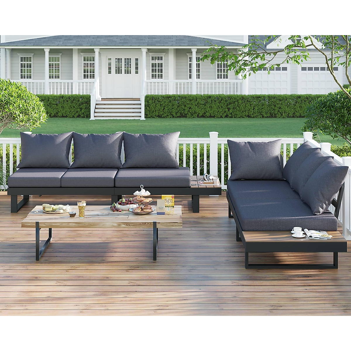 PaPaJet Aluminum Patio Conversation Set with Adjustable Backrest, 6 Piece Modern Outdoor Furniture Set with Wood Side Table for Backyard Poolside Porch, Gray