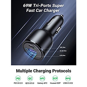 UGREEN 69W USB C Car Charger, PD 65W&PD 20W&SCP 22.5W/QC 18W Type C Car Charger Fast Charging, Car Charger Adapter Compatible with iPhone 14/13/12/11/iPad/Mac Book, Galaxy S23/S22/S21/S20/S10/Note 20