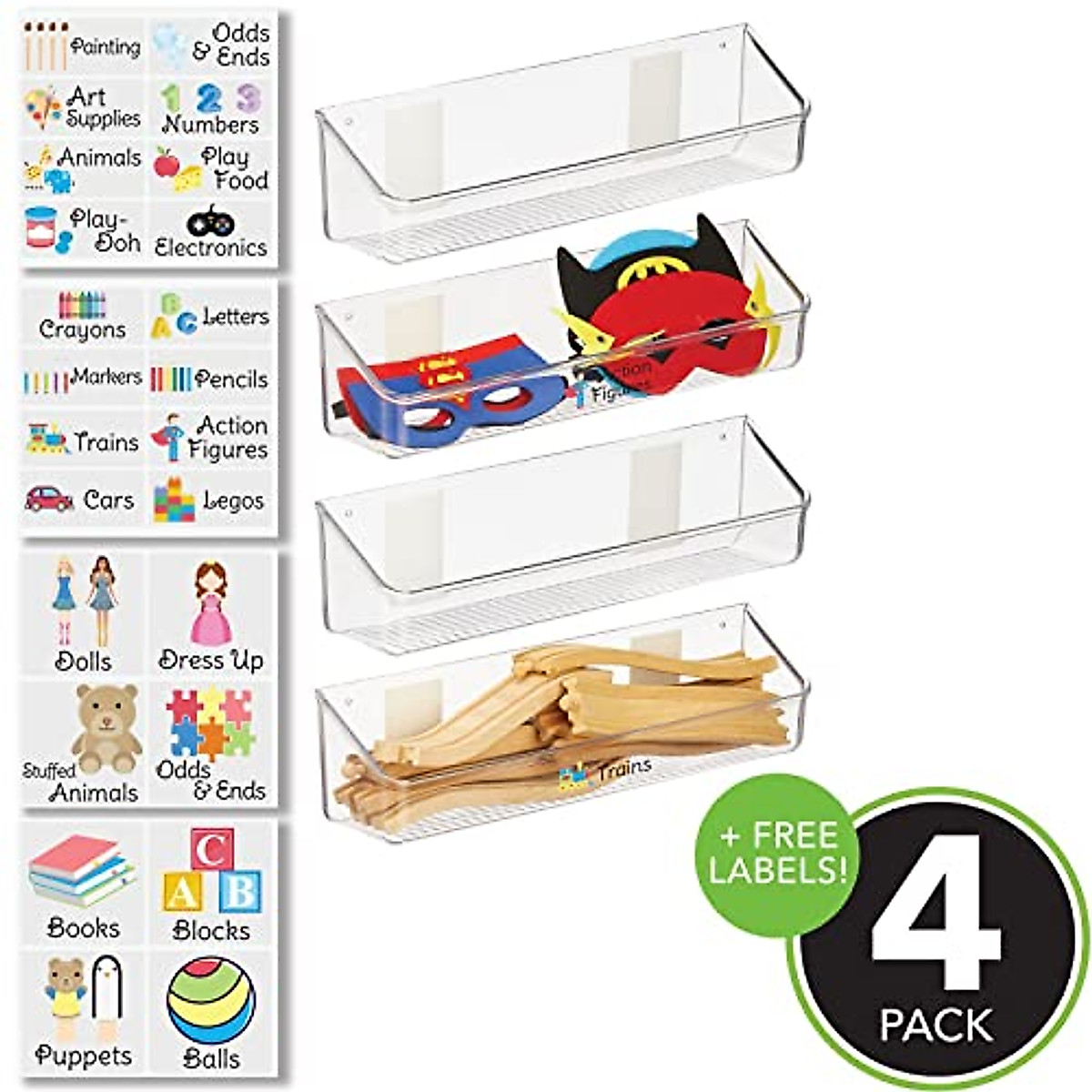mDesign Plastic Adhesive or Wall Mount Wide Toy Storage Tray Basket; for Playroom, Kids Bedroom Organization; Holds Small Toys, Craft School Supplies + 24 Labels, Ligne Collection, 4 Pack, Clear