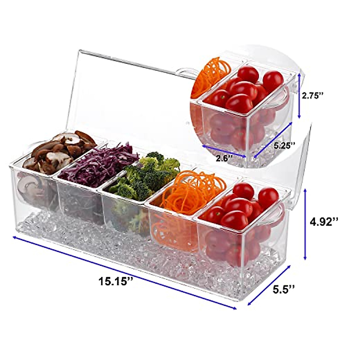 IVYHOME Ice Chilled 5 Compartment Condiment Server Caddy | Plastic Storage Food Containers | Serving Tray Container with 5 Removable Dishes Over 2 Cup Capacity Each and Hinged Lid