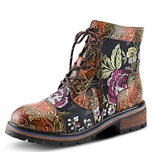 Spring Step L'Artiste Fantastic Booties for Women - Floral Hand Painted Womens Ankle Boots Low Heel - Everyday Wear Leather and Textile Western Booties Brown Multi EU 36 / US 5.5-6