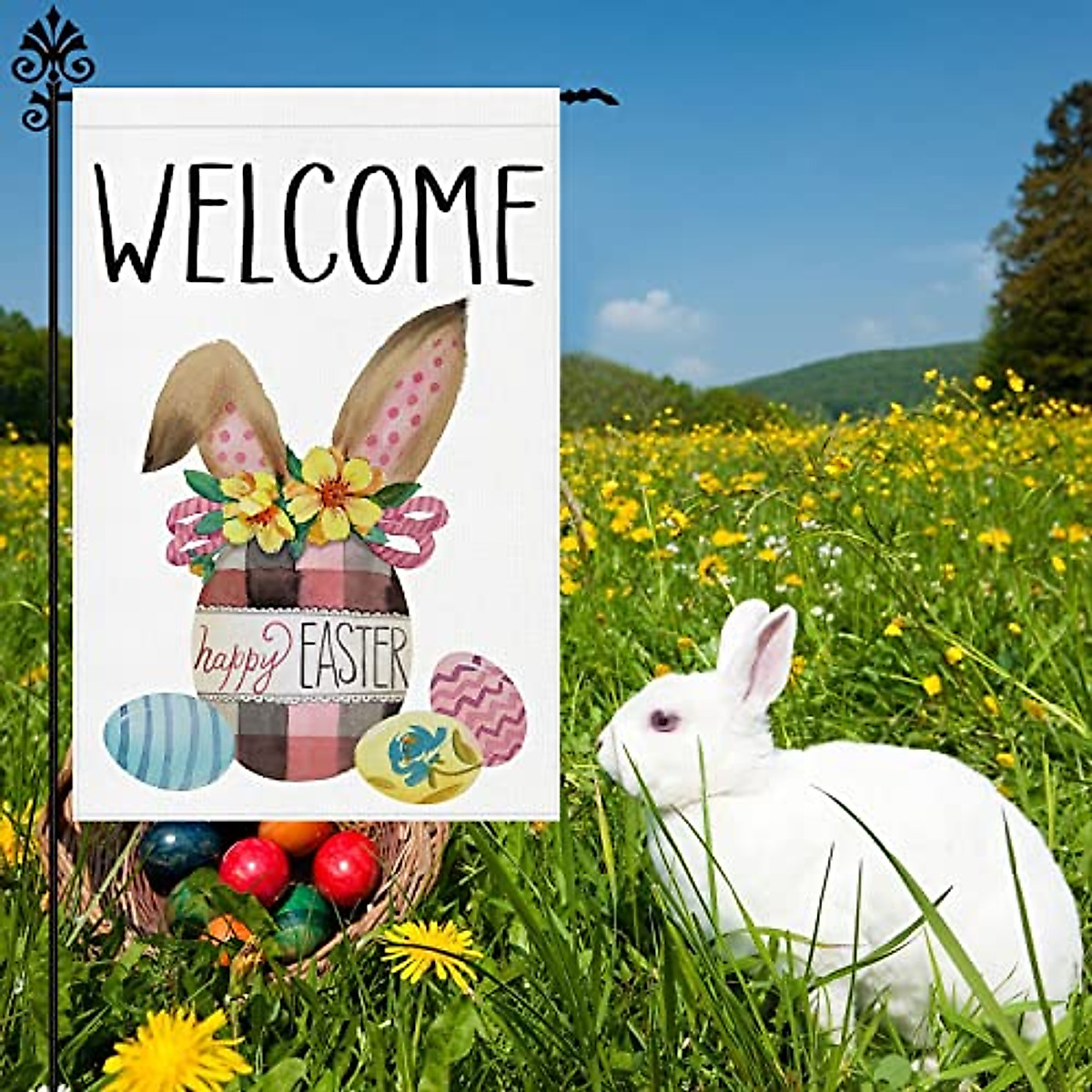 Welcome Easter Garden Flag: Bunny Ear with Eggs Spring Yard Flag 12 x 18 Inch Easter House Decor for Outdoor Holiday Seasonal Party