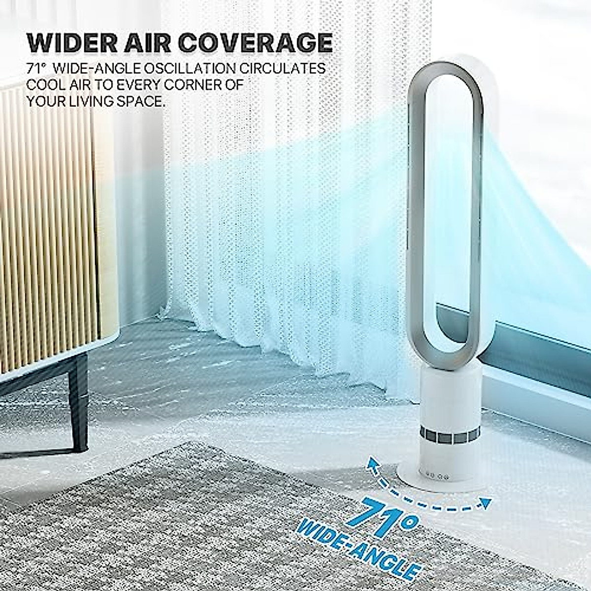 mollie 38-Inch Quiet Oscillating Bladeless Tower Fan Remote Control Bedroom Office Home Room Indoor 9H Timer 10-Speeds Modes Electric Household Summer Cooling Floor Standing Leafless Fan White