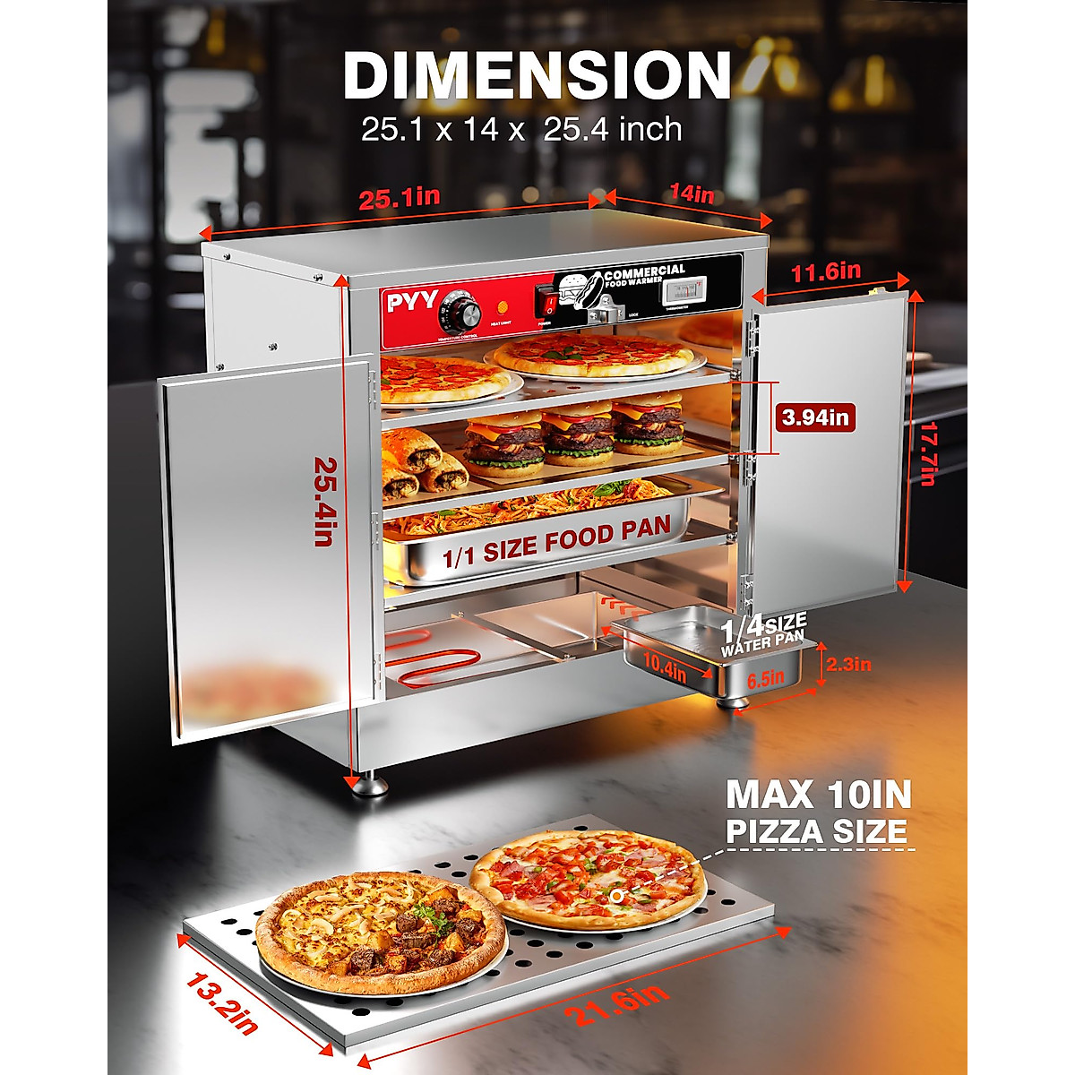 PYY Hot Box Food Warmer - 4 Tier Commercial Catering Warming Cabinet for Pizza Pretzel, Electric Countertop Heating Machine for Restaurant, Stainless Steel Dual Door with Water Tray and Thermometer
