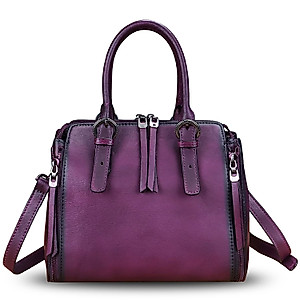 Genuine Leather Handbags Satchel for Women Purse Vintage Handmade Top-Handle Handbag Crossbody Shoulder Bag (Purple)