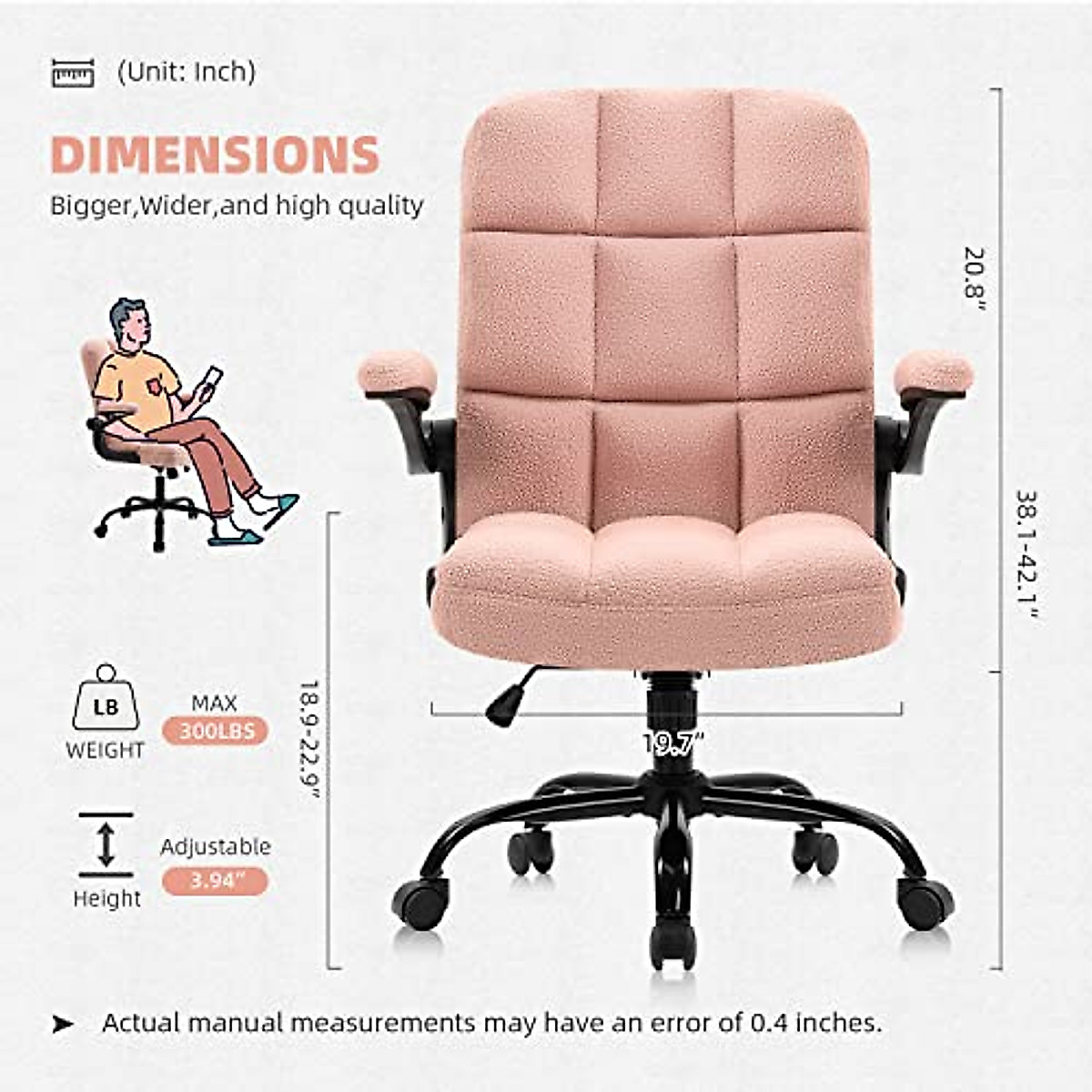 SEATZONE Pink Home Office Desk Chairs with Flip-up Armrest, Faux Fur, Fuzzy Computer Rolling Chair with Wheels, Adjustable Backward Tilt