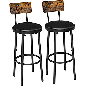 HOOBRO Bar Stools with Backrest, Set of 2 Bar Chairs, Counter Stools with PU Upholstery, Breakfast Stools with Footrest, for Kitchen, Living Room, Bar, Rustic Brown and Black BF31BY01