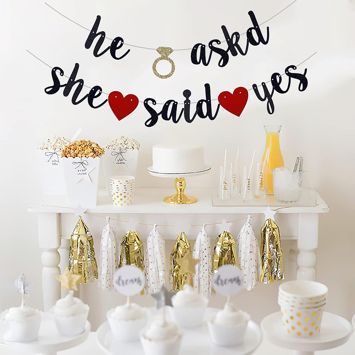 QFiesy He Asked She Said Yes Banner, Black Glitter Bride to Be Decorations, Black Glitter Bunting Sign for Engagement Bridal Shower Wedding Party. (Pre-Strung)