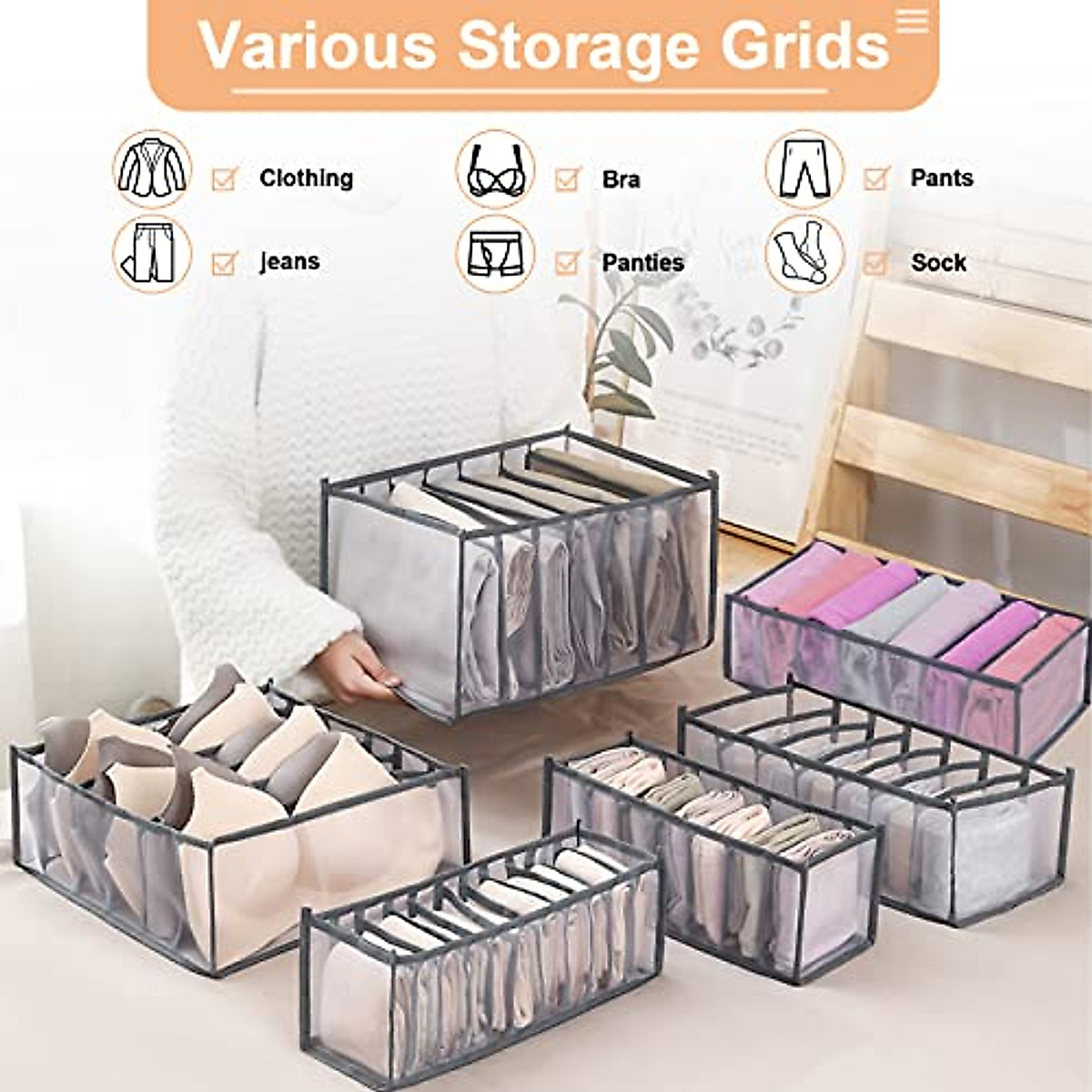 ARNTY Wardrobe Clothes Organizer, Upgraded Drawer Organizers for Clothing, Clothes Organizer for Folded Clothes, Jeans Organizer for Closet（7 Packs: Jeans*2+Shirt+Leggings+Bra+Underwear+Socks）