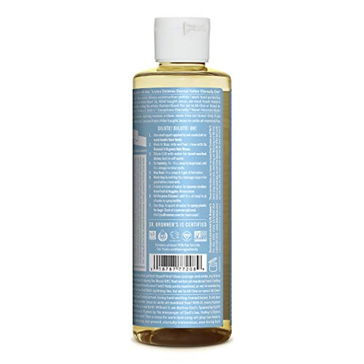 Dr. Bronners - Pure-Castile Liquid Soap (Baby Unscented, 8 Ounce) - Made with Organic Oils, 18-in-1 Uses: Face, Hair, Laundry, Dishes, For Sensitive Skin, Babies, No Added Fragrance, Vegan, Non-GMO