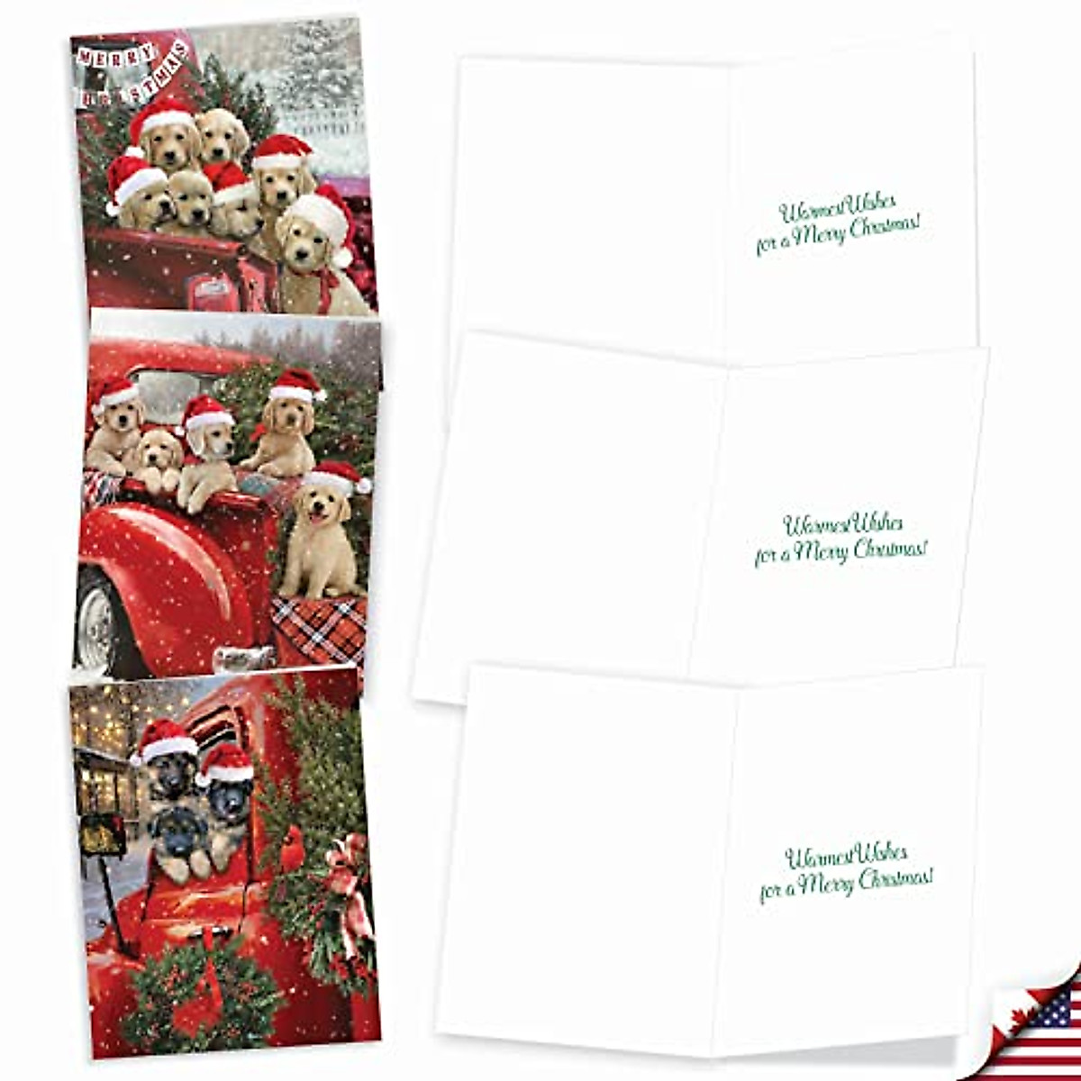 NobleWorks Variety Pack of 20 Christmas Greeting Cards with Envelopes, Humor Holiday Assortment for Men and Women (10 Designs, 2 Each) - Red Truck Puppies AM3375XSG-B2x10