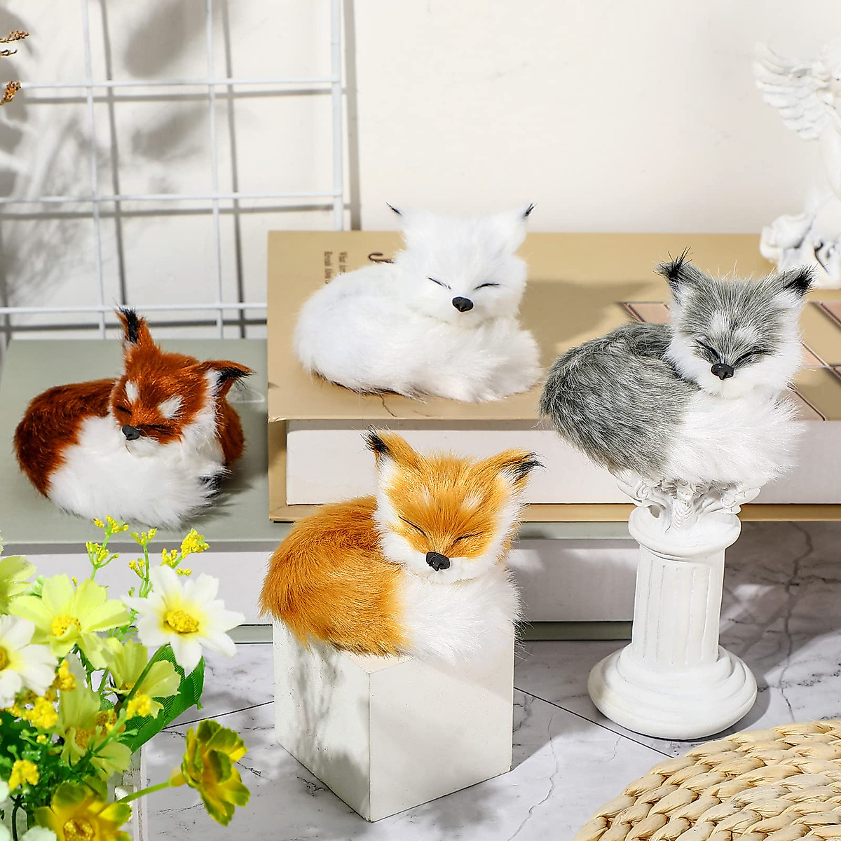 4 Pcs Stuffed Fox Plush Ornament Simulation Furry Fox Decorations Animals Plush Mini Squint Sleeping Plush Static Figures Model for Home Birthday Graduation Favors