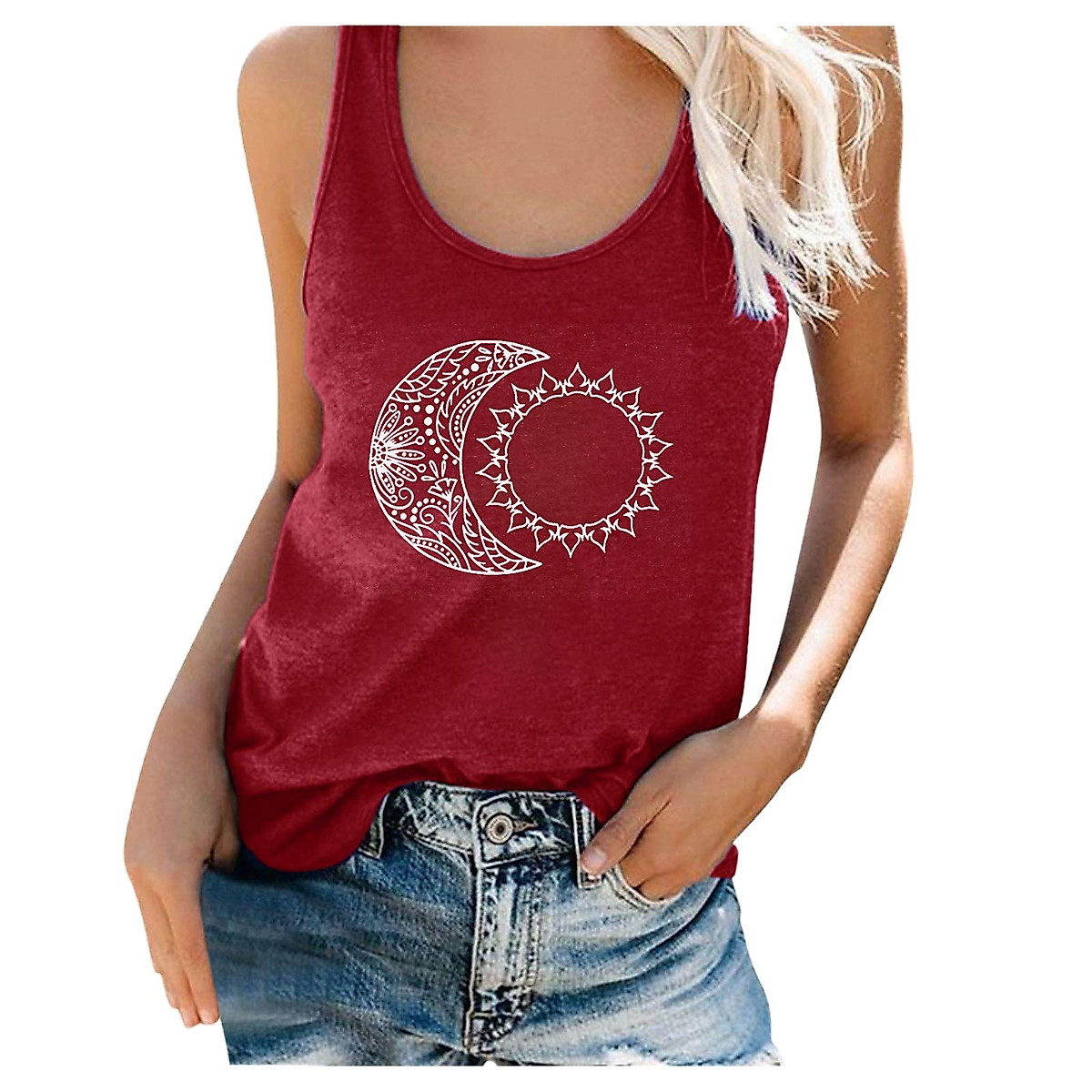 Padaleks Sun Moon Printed Tank Top for Women Casual Sleeveless Graphic Tees Shirts Loose Blouse Tunic Tops Vest