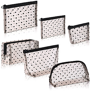 Frienda 6 Pieces Heart Makeup Bag Sets, Cute Heart Mesh Cosmetic Bag Mesh Zipper Makeup Toiletry Pouch Portable Travel Zipper Pouch for Women Vacation Travel, 6 Sizes(Beige and Black)