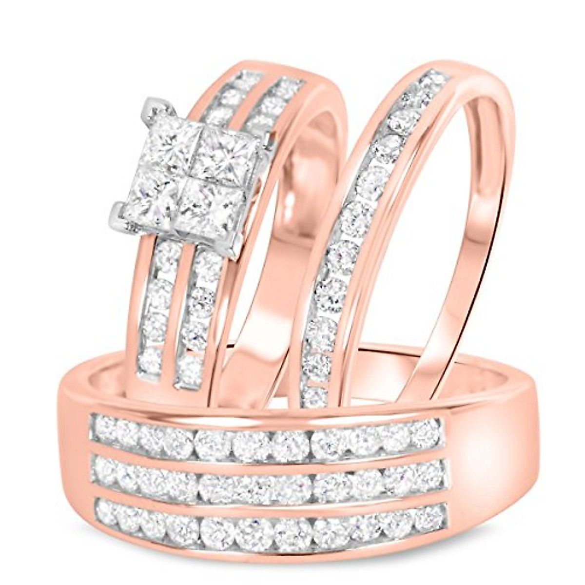 jsjewels 1 2/3 Carat T.W. Diamond Engagement Ring Wedding Trio Set in Solid 14K Rose Gold Over