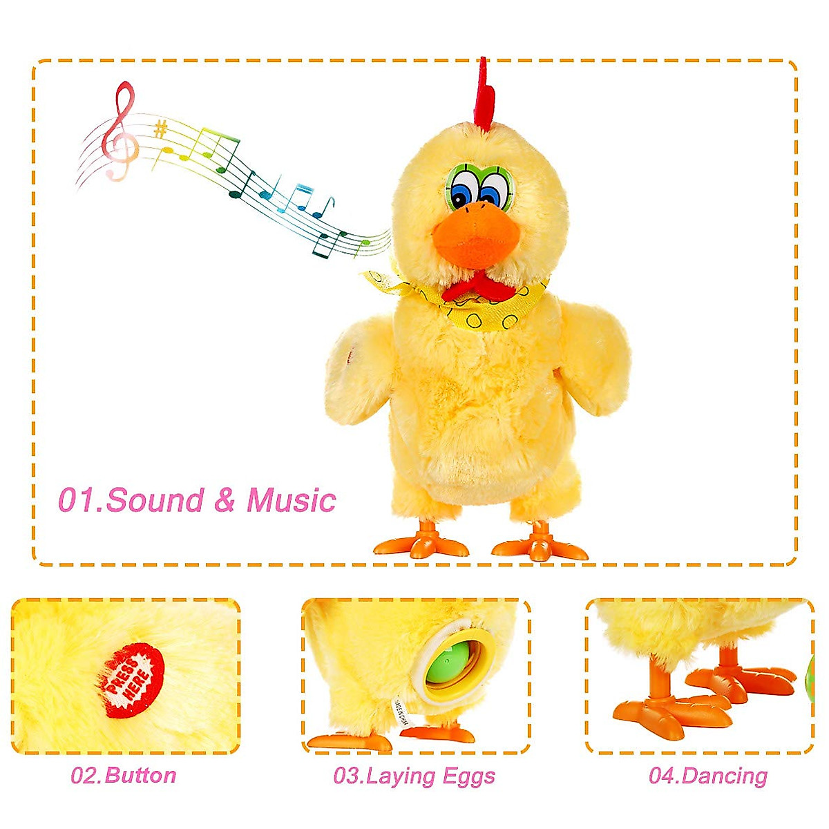 Plush Chicken Laying Eggs Toy Electric Stuffed Animal Crazy Chick Doll with Sound Music for Boys Girls (29.05cm)