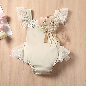 Newborn Infant Baby Girl Lace Romper Boho Dress 1st Birthday Cake Smash Outfit Tutu Ruffle Bodysuit Jumpsuit White Clothes (B1 Beige, 3-6 Months)