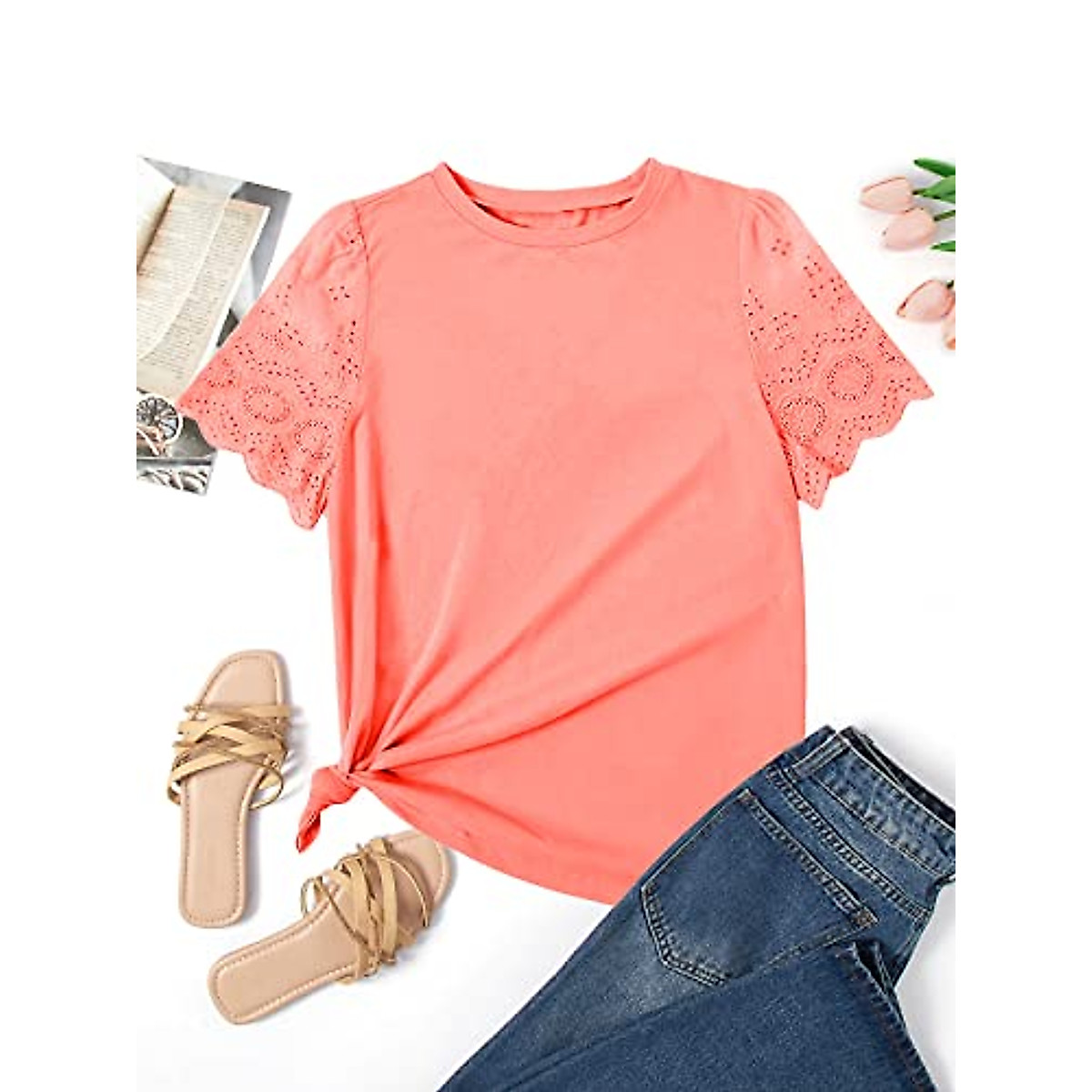 SweatyRocks Women's Eyelet Embroidery Short Puff Sleeve Top Round Neck Plain Tee Shirt Watermelon Pink S