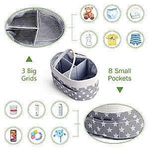 Baby Diaper Caddy Organizer, Rope Nursery Storage Basket with Removable Division Inserts, 3 Grids 8 Pouches, for Baby Boy or Girl Shower Gifts Newborn Essential Stuff Registry Must Haves Item