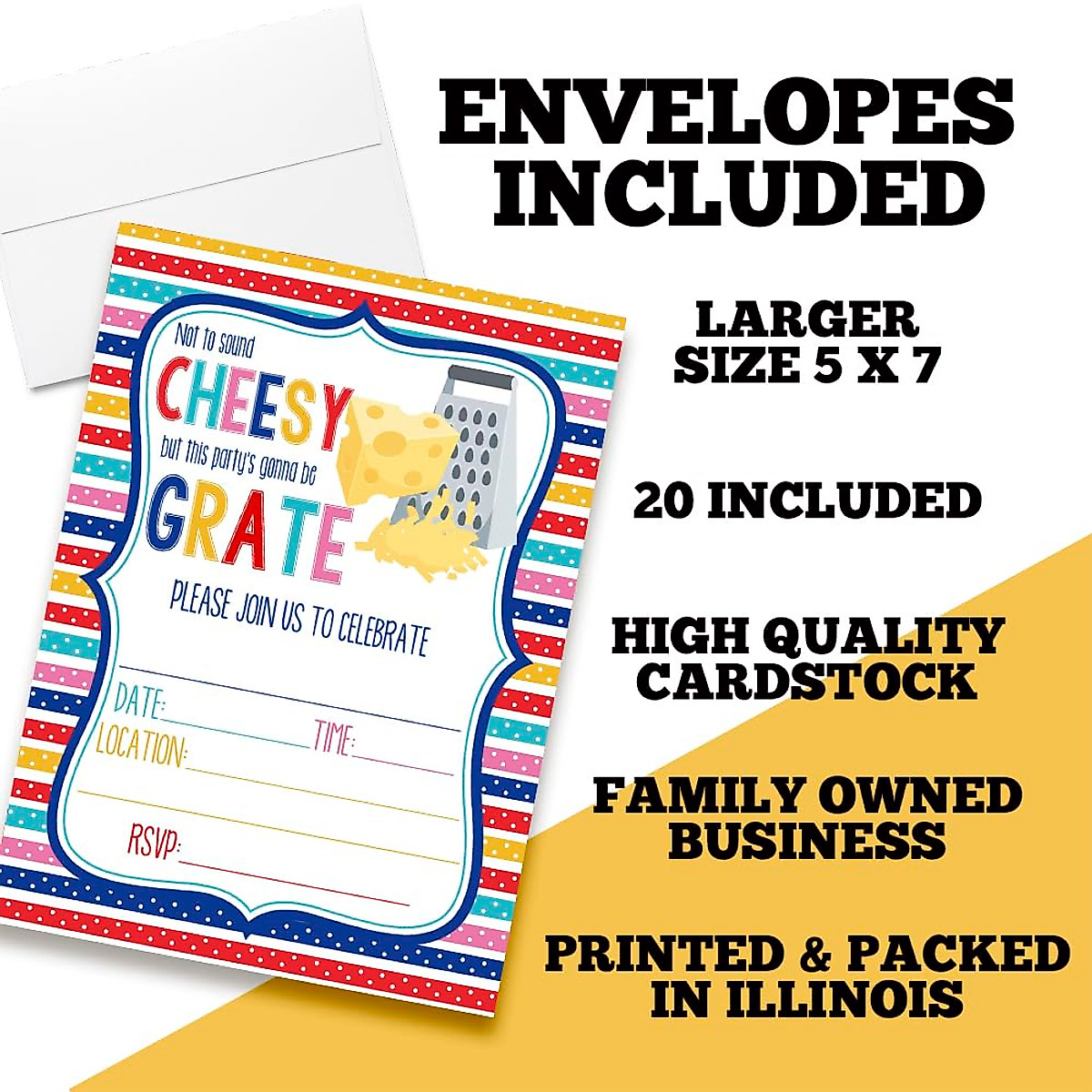 Cute & Silly Shredded Cheese Themed Birthday Party Invitations for Kids, 20 5x7 Fill In Cards with Twenty White Envelopes by AmandaCreation…