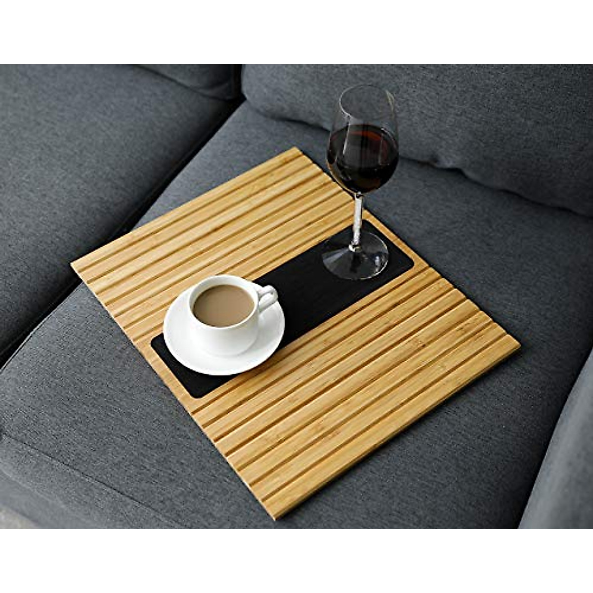 Sofa Arm Tray Table Slinky Secure/Flexible/Foldable Couch Tray Table with Non-Slip Mat for Drinks, Food, Phone or Remote. Sustainable Slinky Bamboo Design (16.5"L x 13.25"W x 0.4"H, Natural Bamboo)