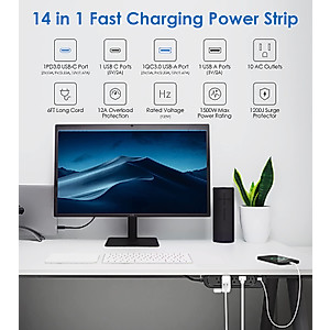JUNNUJ 20W USB C Power Strip Thin Flat Plug 10 Outlets, Lay Flat Surge Protector 1200J, Wall Mount Power Strips with 18W USB A, Low Profile Outlet with Switch, Ultra Slim Flat Plug Extension Cord 6FT